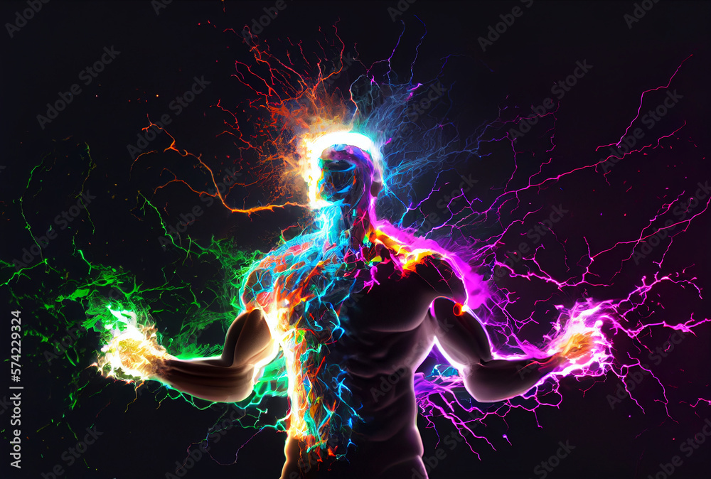 fantasy painting The man exploded with energy from his body,on black ...