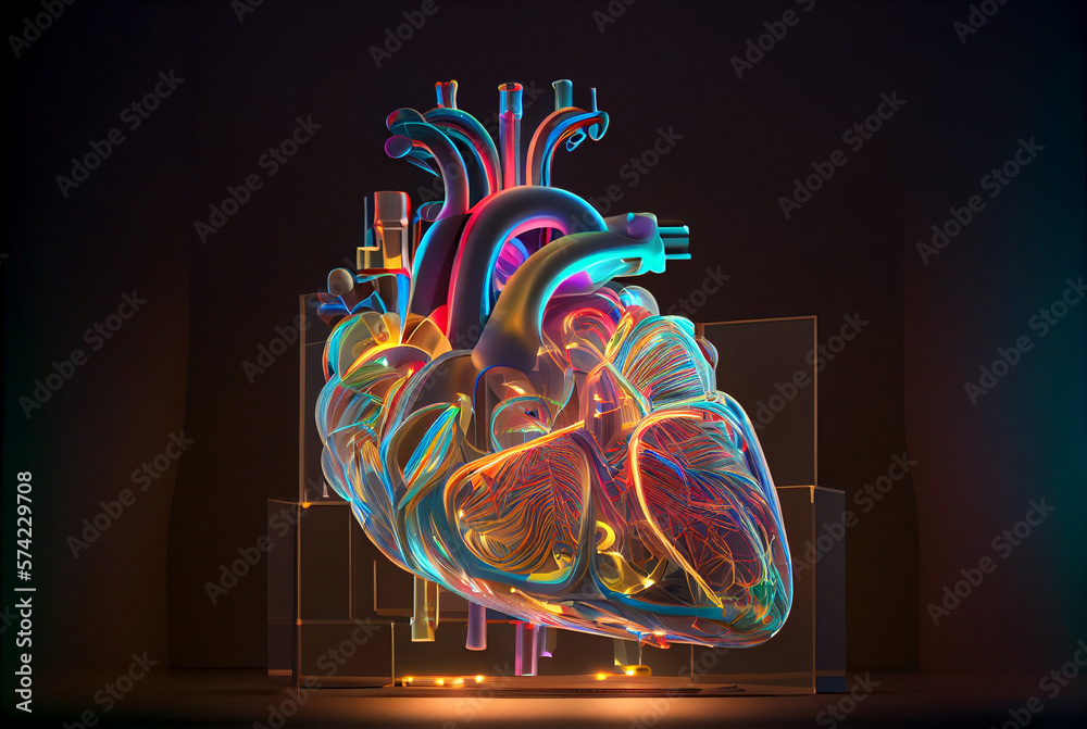 Human heart, digital technology in medicine,3D illustration on colorful ...