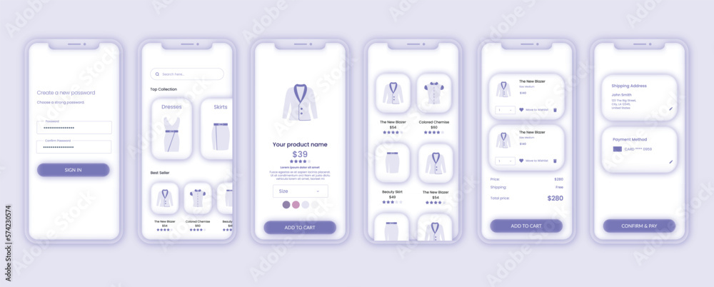 Shopping mobile app screens design vector illustration. Shopping app ui ...