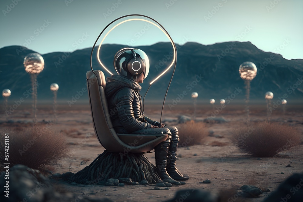 Future person meditating in the desert, connect with other planets ...