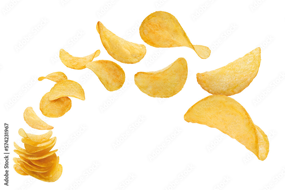 Flying delicious potato chips cut out Stock Photo | Adobe Stock