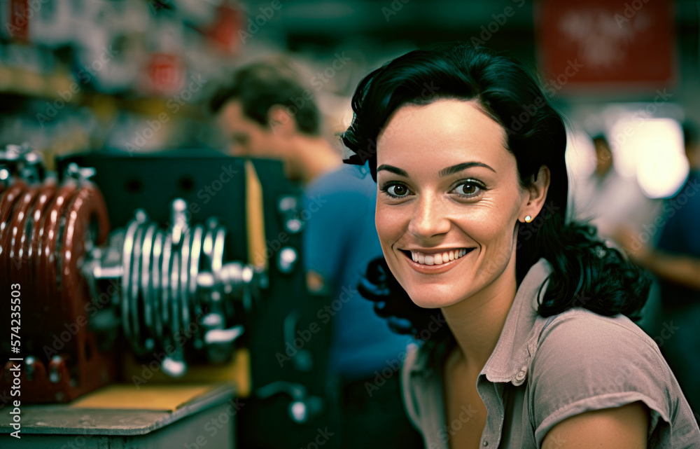 Working woman, working in a machine shop with industrial machines ...