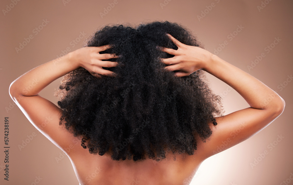 Hands in hair, black woman with afro and beauty, haircare and cosmetics ...