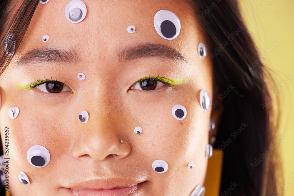 Gen z, eyes sticker art and portrait of an Asian woman with makeup and ...