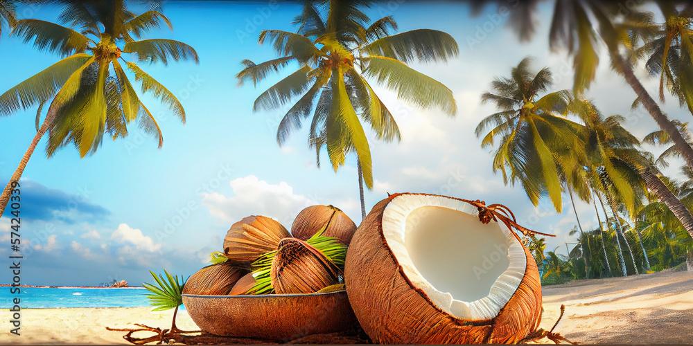 Tropical beach with coconut, summer holiday background. Travel and ...
