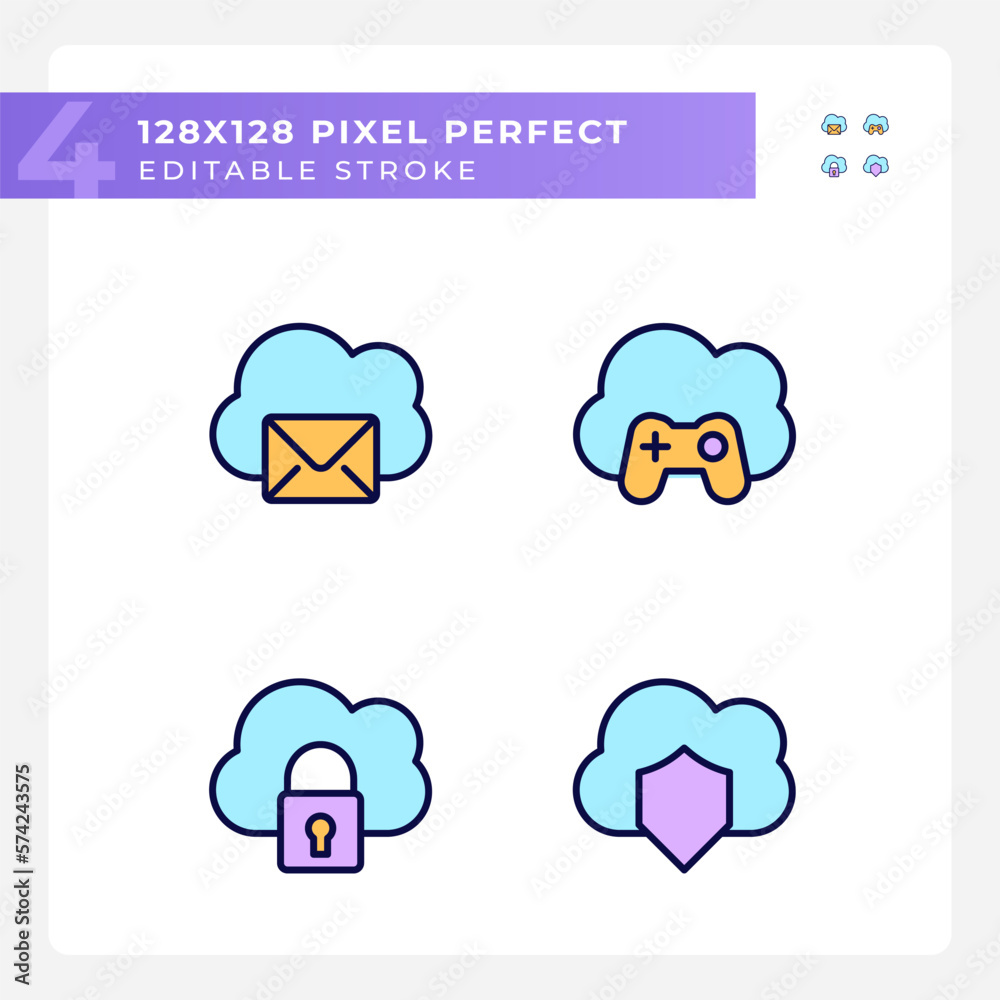 Purposes of cloud computing pixel perfect RGB color icons set. Online ...