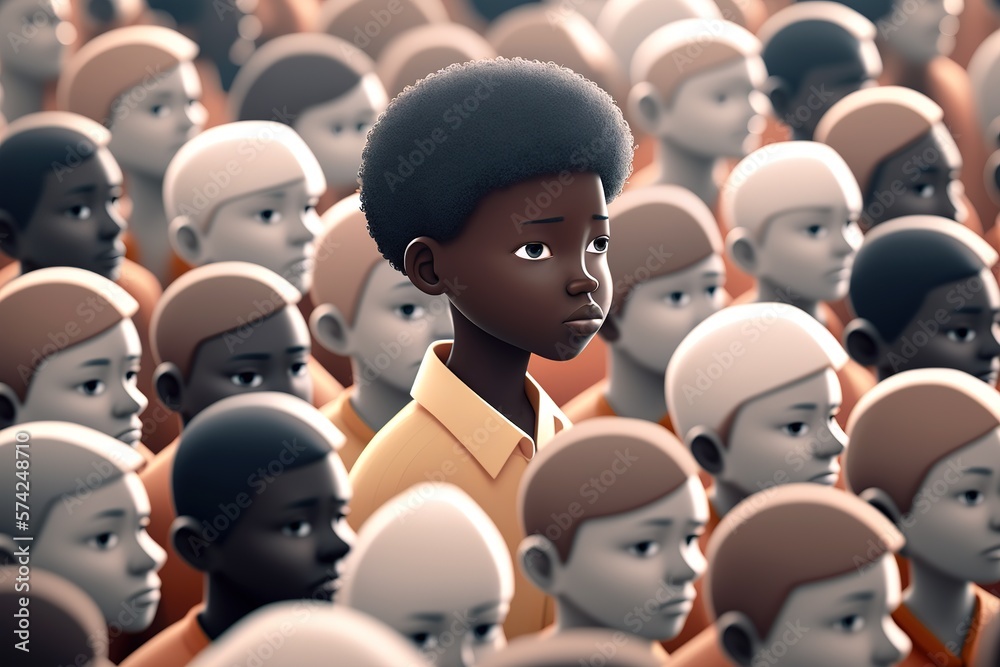 Young African American boy standing in front of a crowd of people ...