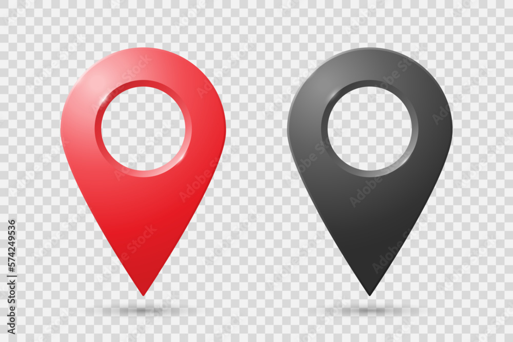 Realistic geolocation icons in red and black on a transparent ...