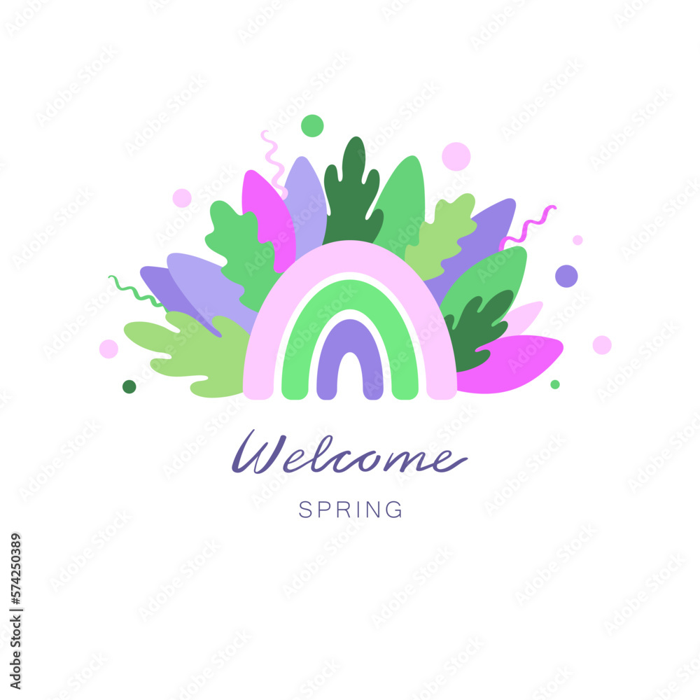 Welcome spring pattern in bright pastel colors, with hand written text ...