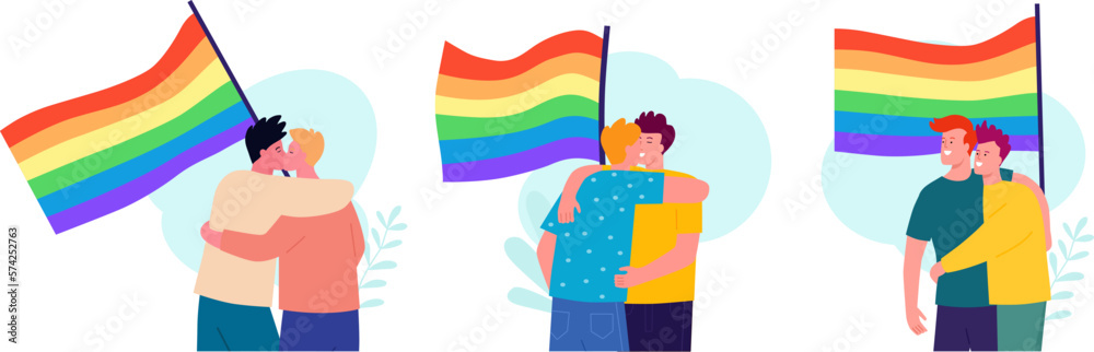 LGBTQ PRIDE month banner. gay couple hugs with a flag. ith diverse ...