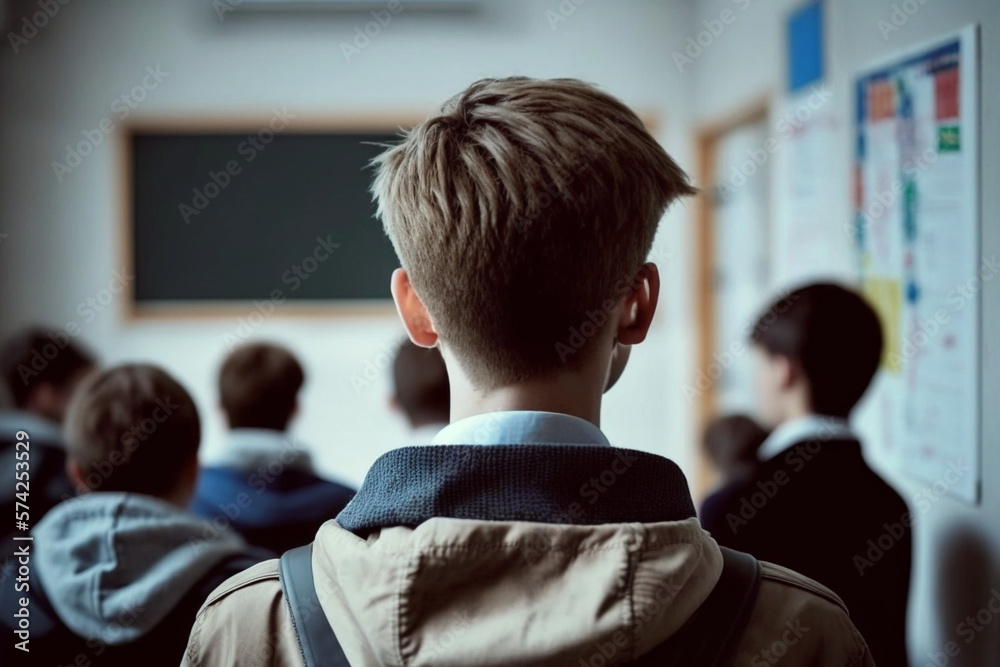 Student with backpack in the classroom. AI generated. Back view. Stock ...