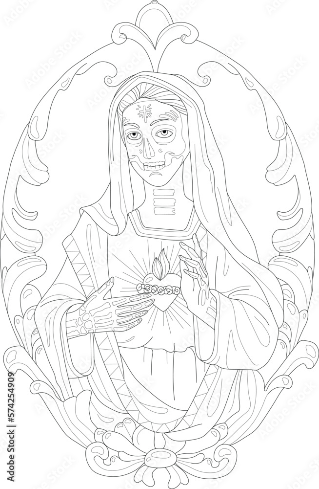 Santa Muerte portrait in vintage frame graphic sketch template. Cartoon ...