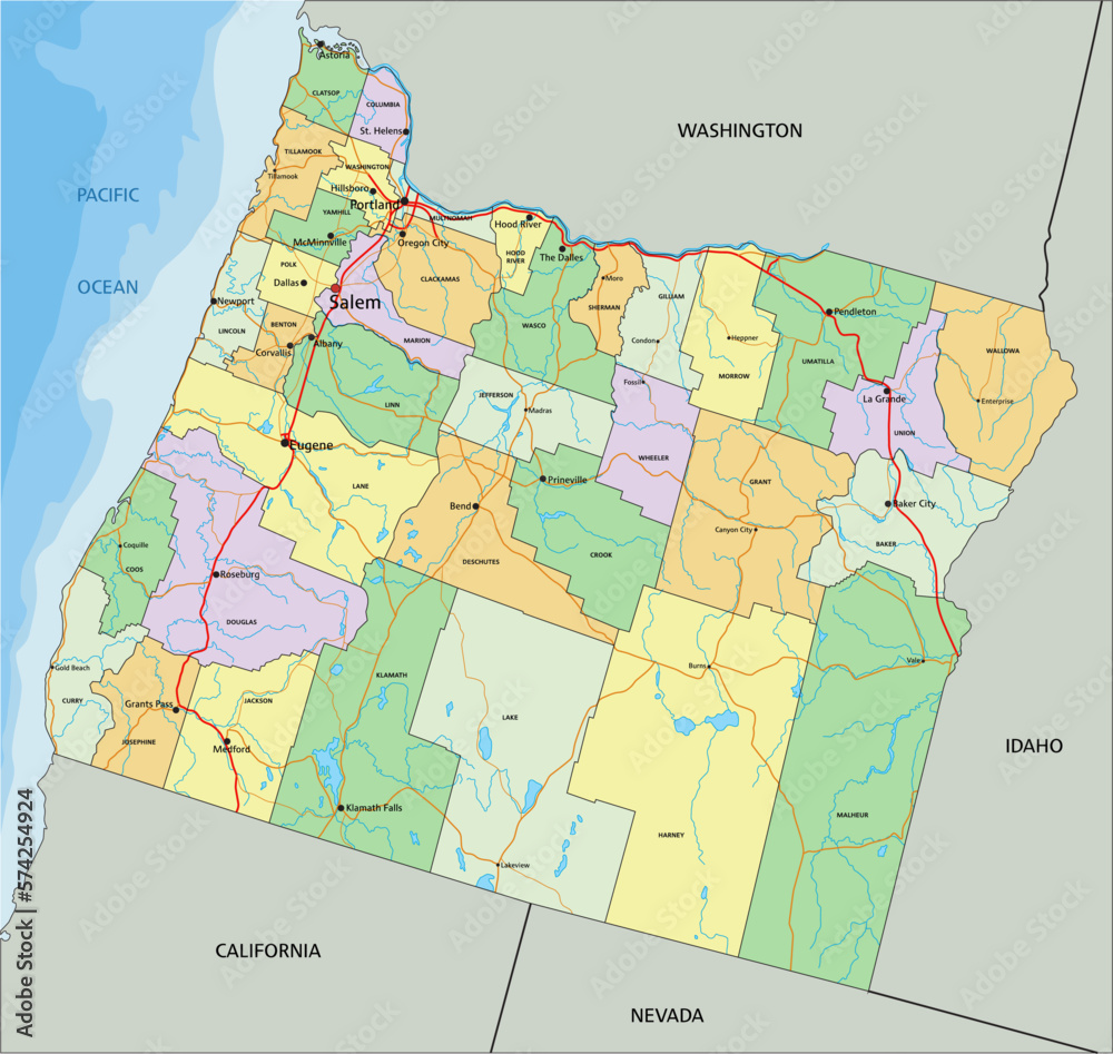Oregon - Highly detailed editable political map with labeling. Stock ...