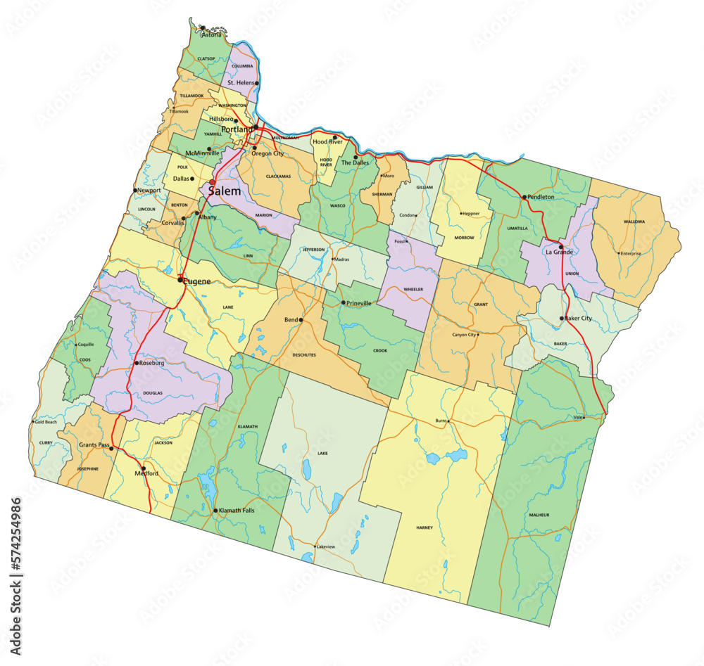 Oregon - Highly detailed editable political map with labeling. Stock ...