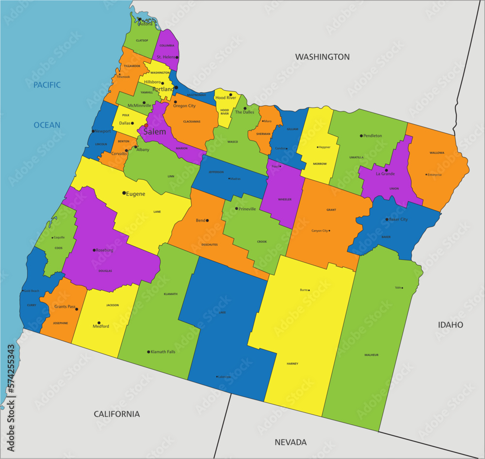 Colorful Oregon political map with clearly labeled, separated layers ...