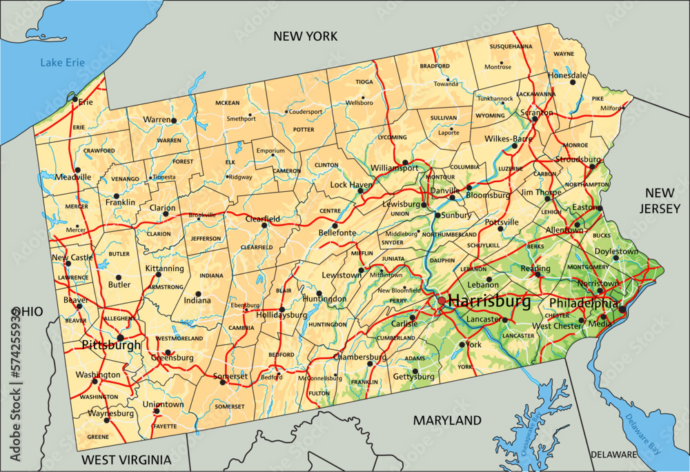 High detailed Pennsylvania physical map with labeling. Stock Vector ...