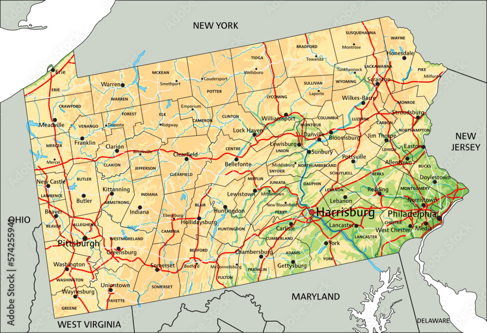 High detailed Pennsylvania physical map with labeling. Stock Vector ...