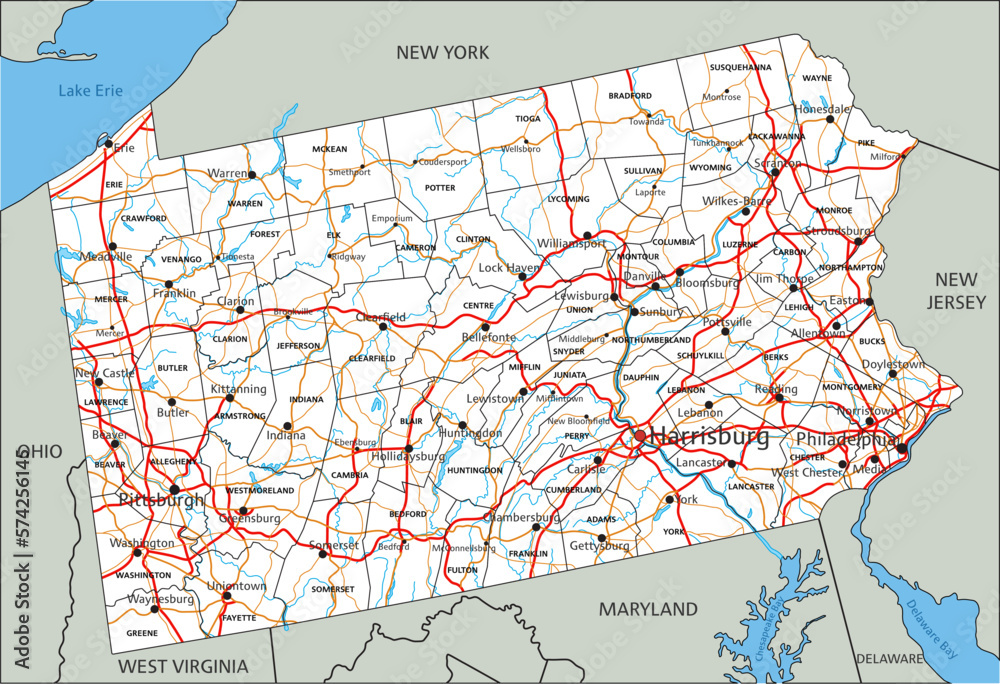 High detailed Pennsylvania road map with labeling. Stock Vector | Adobe ...