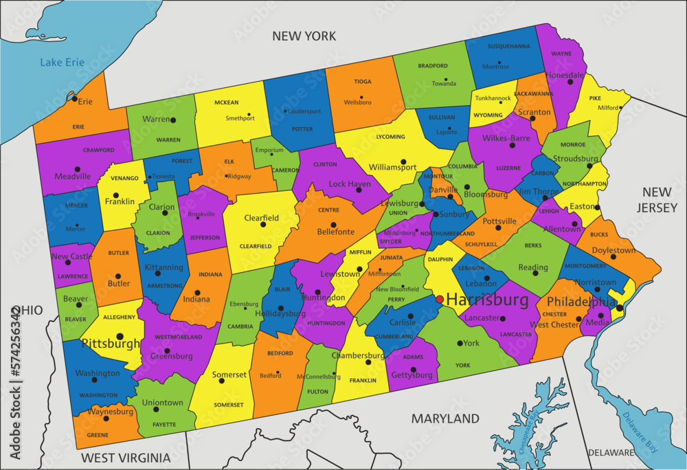 Poster Colorful Pennsylvania Political Map With Clearly Labeled