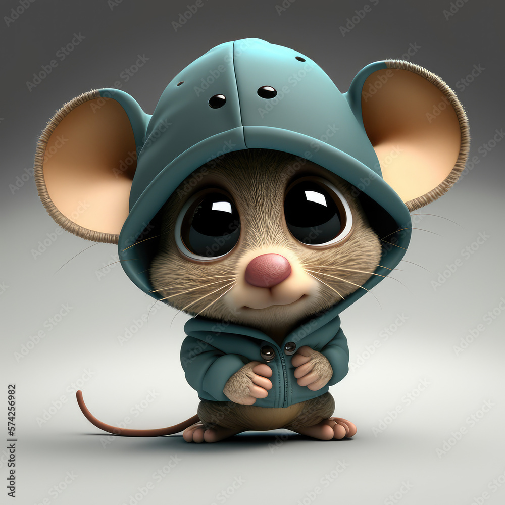 Cute baby mouse in hood 3d character. Cartoon pet with big eyes, 3d ...