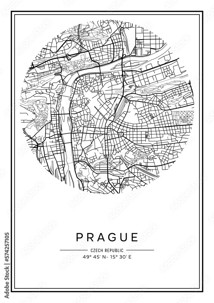 Black and white printable Prague city map, poster design, vector ...