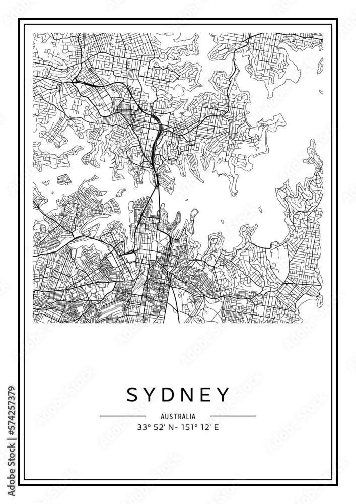 Black and white printable Sydney city map, poster design, vector ...