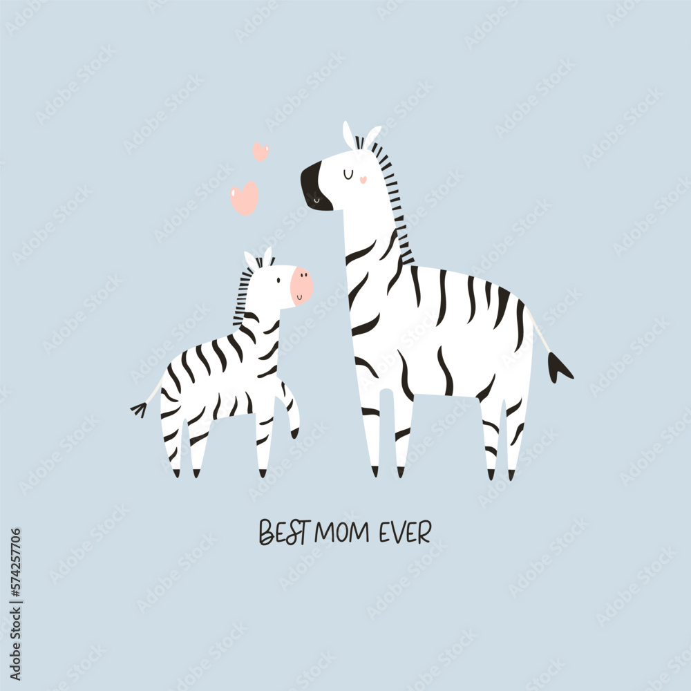 Vector illustration of cute young zebra and his mom. Adorable print ...