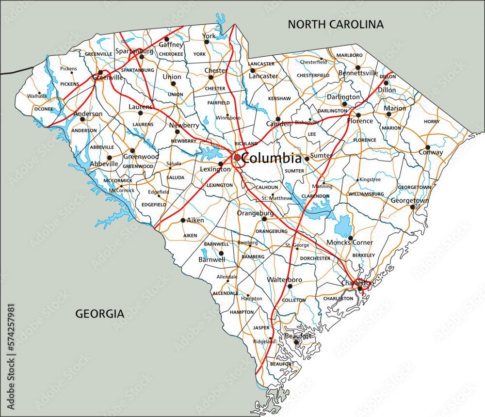 High detailed South Carolina road map with labeling. Stock Vector ...