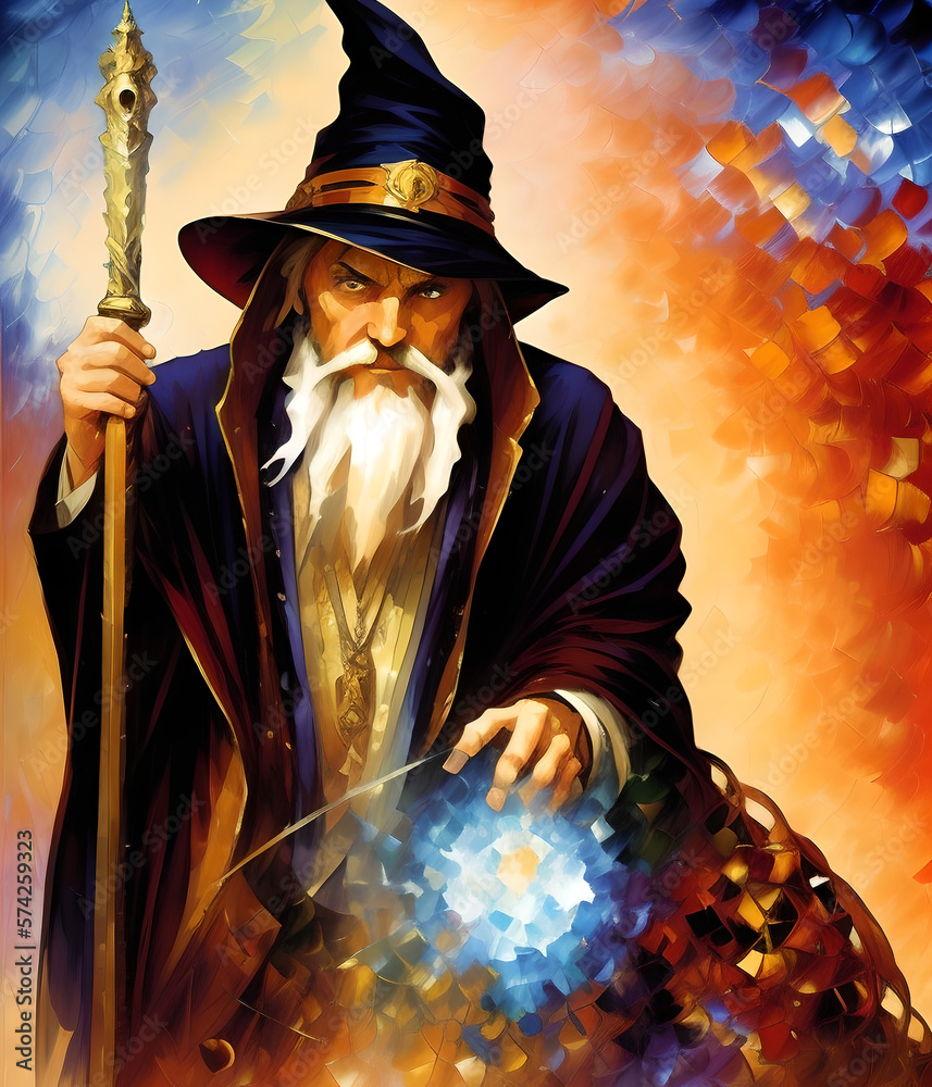 An old wise wizard / sorcerer / magician / mage / warlock with a staff ...