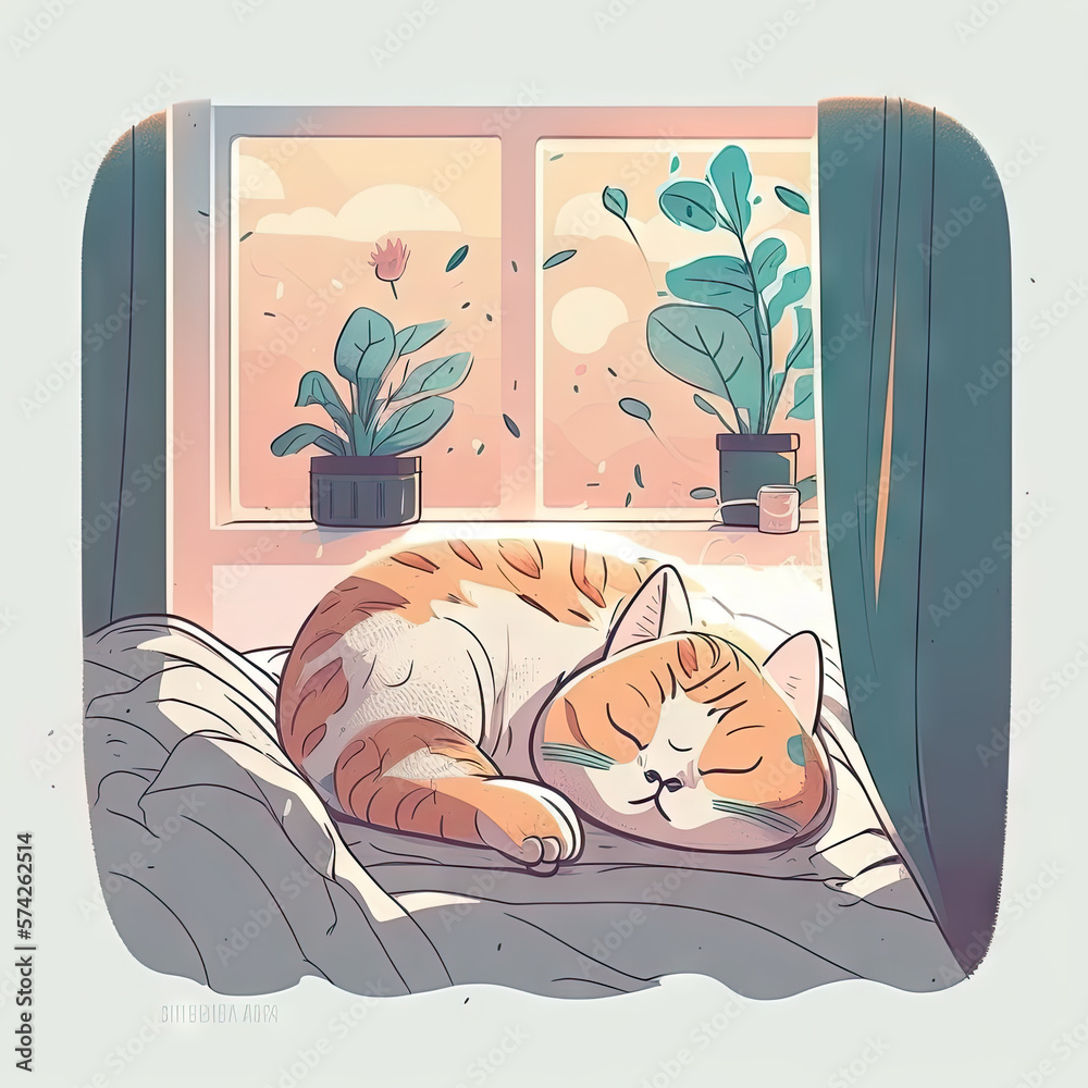 Cartoon Cat Laid in Bed - Lofi Chill Design with Soft Colors Stock ...