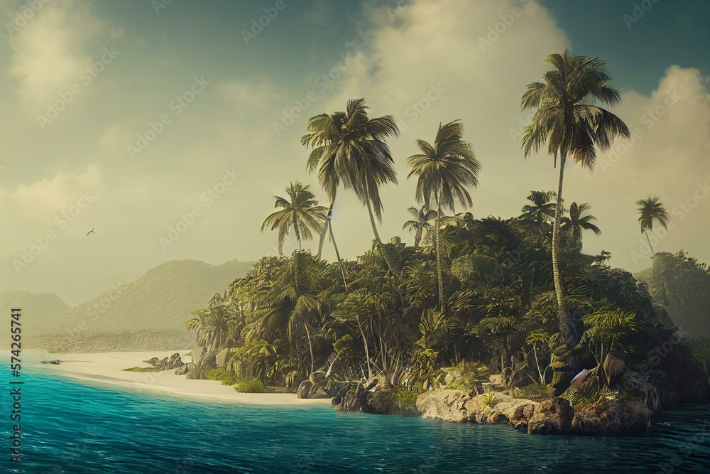 Island in ocean, uninhabited secret pirate isle with beach, palm trees ...