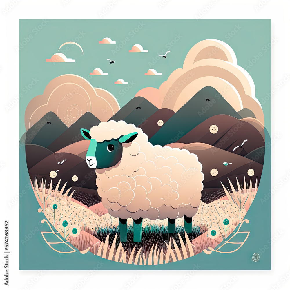 Cartoon Illustration of Sheep in Meadow - Bring Positive Vibes with ...