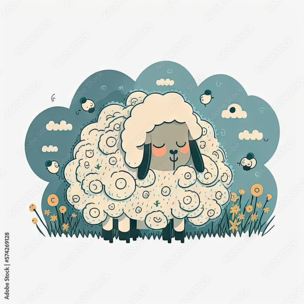 Cartoon Illustration of Sheep in Meadow - Bring Positive Vibes with ...