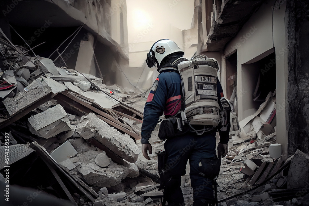 Rescuers in uniform and helmets dismantle the rubble of houses after ...