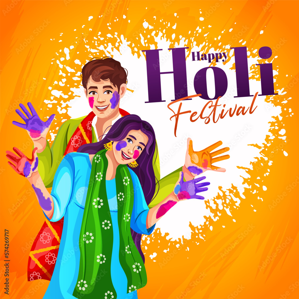 Indian Happy Holi festival attractive background design. Indian couple ...