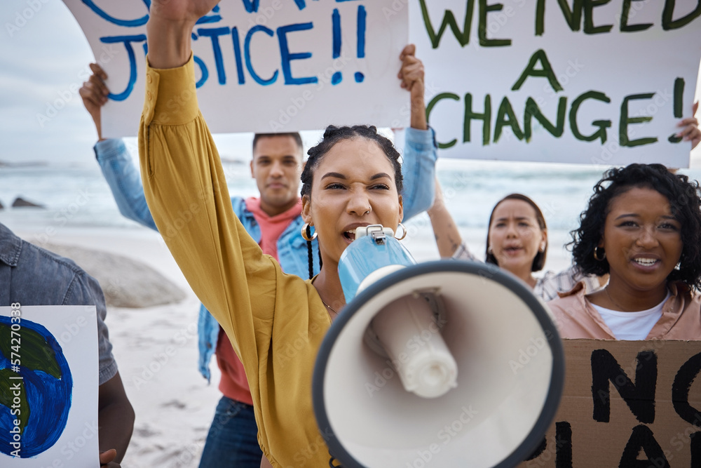 Protest, climate change and black woman with megaphone, fight for ...