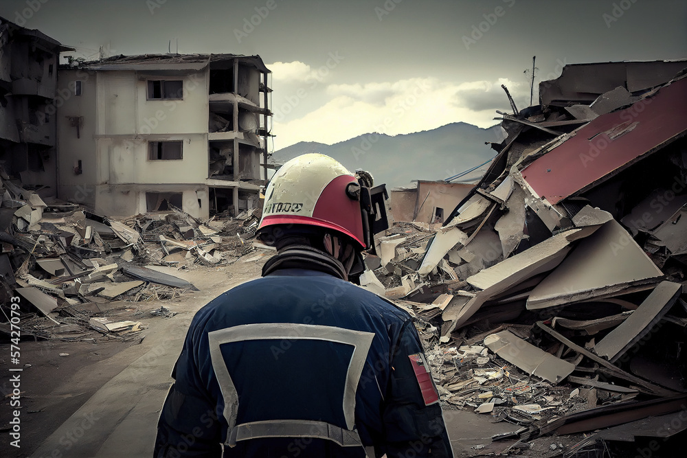 Rescuers in uniform and helmets dismantle the rubble of houses after ...