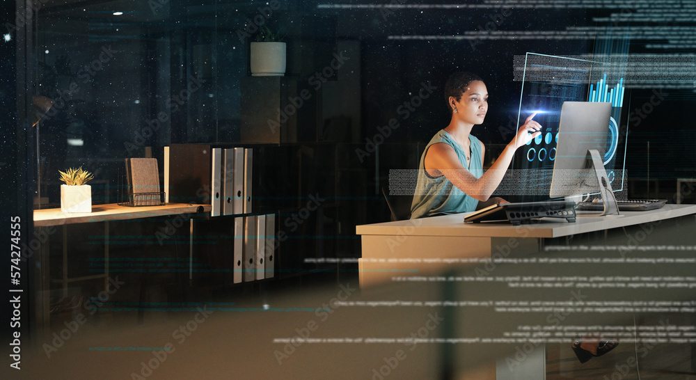 Computer, hologram hud and office woman pointing at future dashboard ...