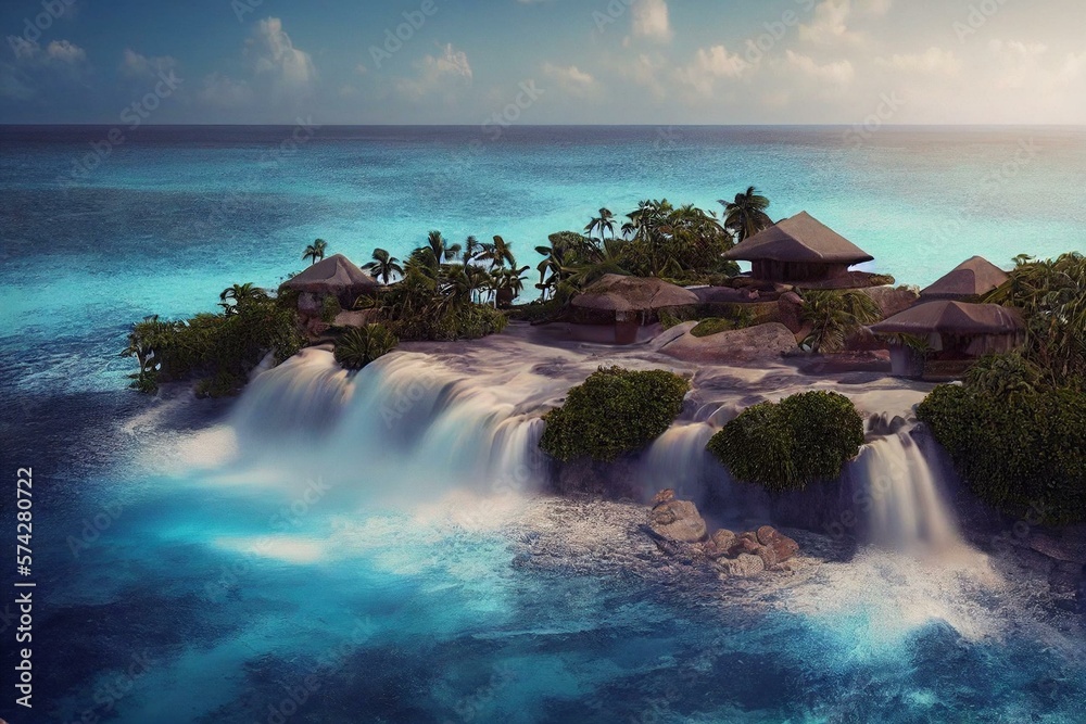 Maldives, a rock with a waterfall and a bungalow on the sea. Photo ...