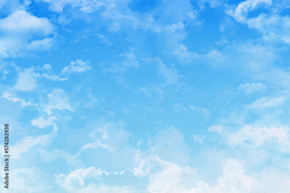 watercolor texture with white clouds and blue sky for cards. Hand drawn ...