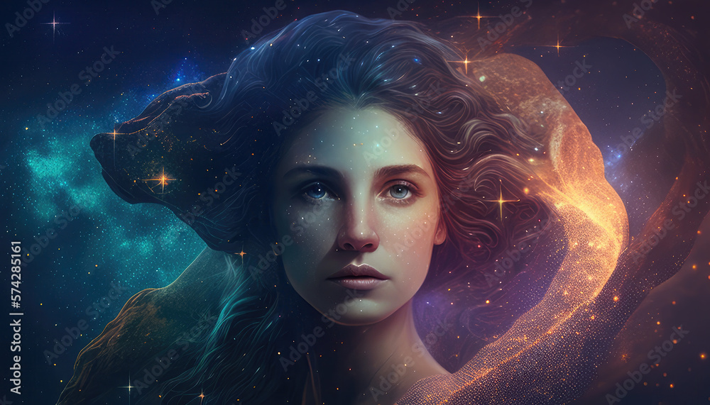 Virgo virgin beautiful woman zodiac sign against space nebula ...