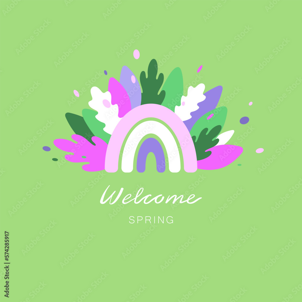 Bright welcome spring pattern with hand written text, rainbow, leaves ...