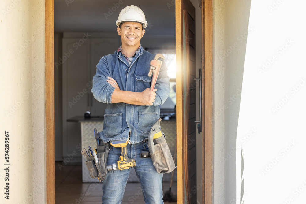 Handyman in portrait, maintenance and tools with construction and home ...