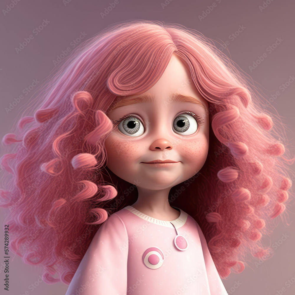 Cute young girl portrait 3d character. Cartoon little girl with big ...