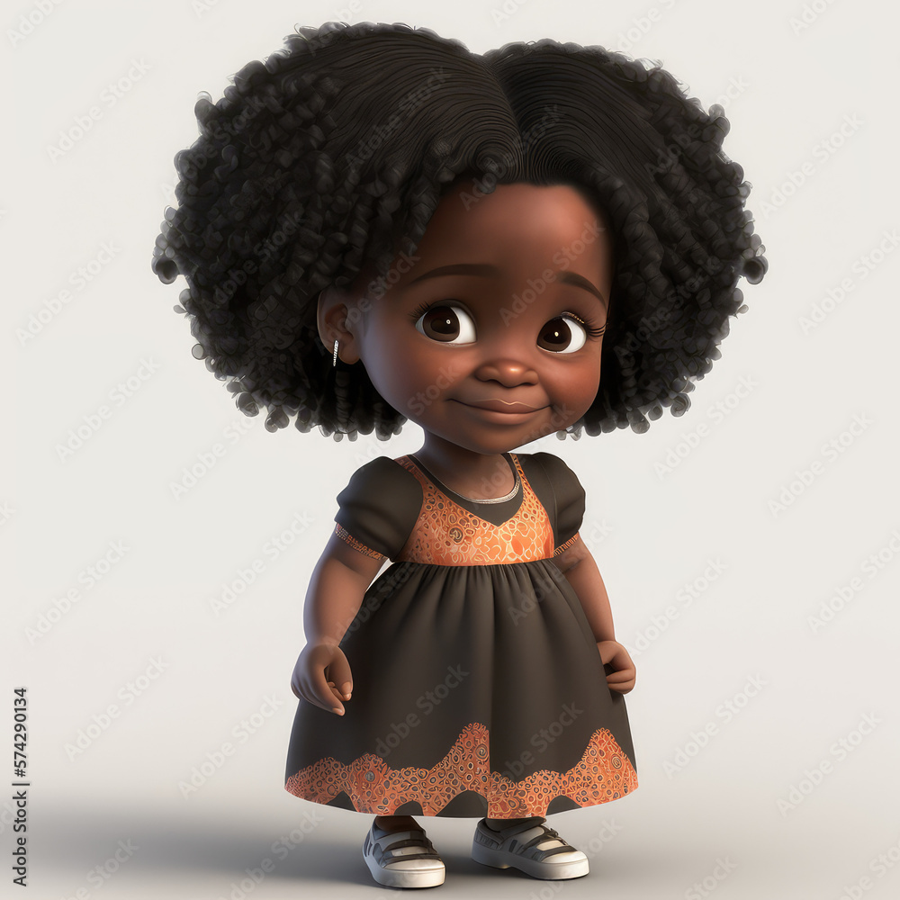 Cute young girl 3d character. Cartoon little African girl with big eyes ...