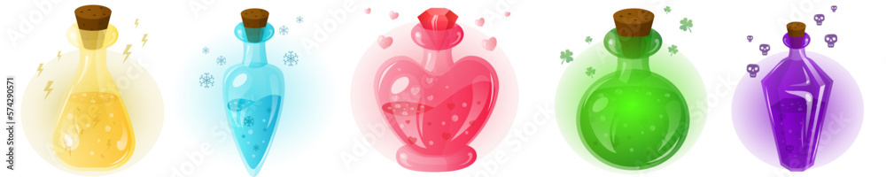 Vettoriale Stock Set glass bottle with potion. Love potion, luck potion ...