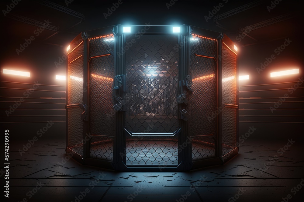 Cage fight arena . Interior view of fighting arena with fans and ...
