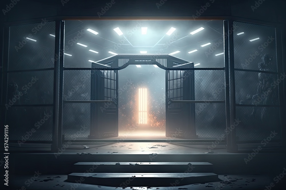 Cage fight arena . Interior view of fighting arena with fans and ...