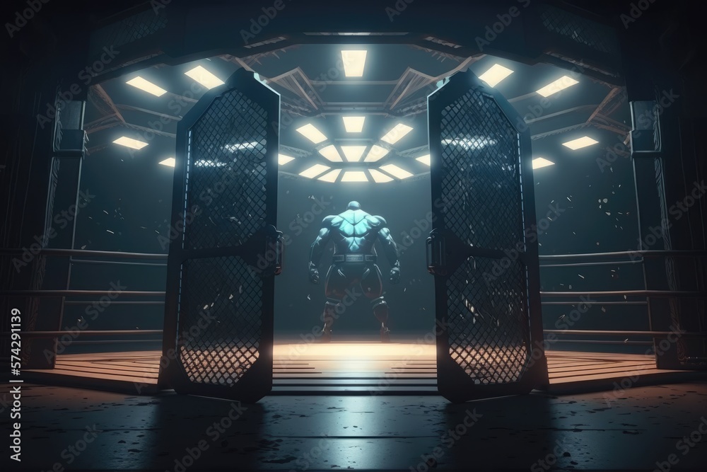 Cage fight arena . Interior view of fighting arena with fans and ...