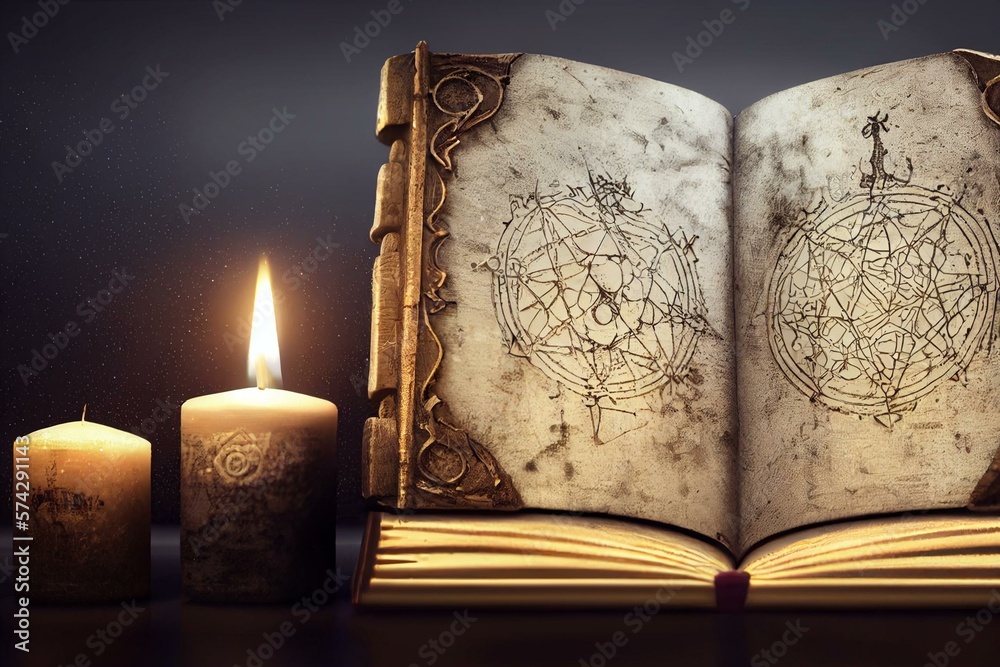 Open old book with magic spells, runes, black candles on witch table. Occult, esoteric ...
